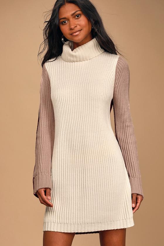 Ivory Colorblock Dress - Turtleneck Sweater Dress - Knit Dress - Lulus