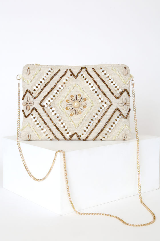 Cream Woven Beaded Clutch - Sequin Clutch - Cowrie Shell Clutch - Lulus