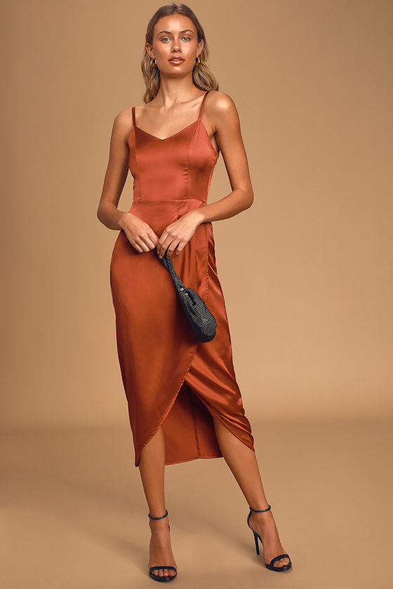 Rust Orange Dress - Satin Midi Dress - Sleeveless Tulip Dress - Lulus