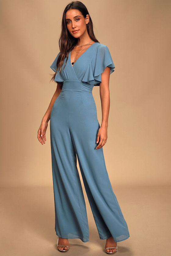Slate Blue Flutter Sleeve Jumpsuit - Surplice Tie-Front Jumpsuit - Lulus