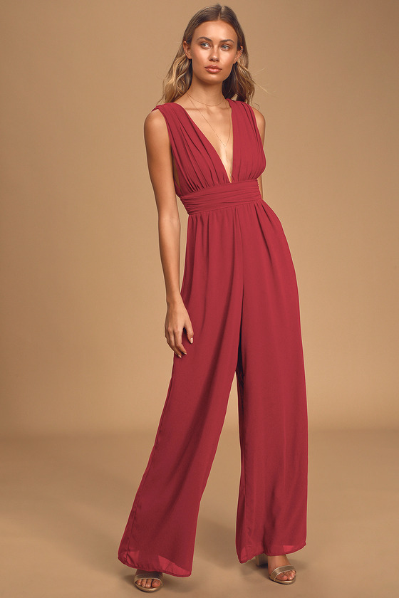 Burgundy Wide Leg Jumpsuit Georgette Jumpsuit V Neck Jumpsuit Lulus