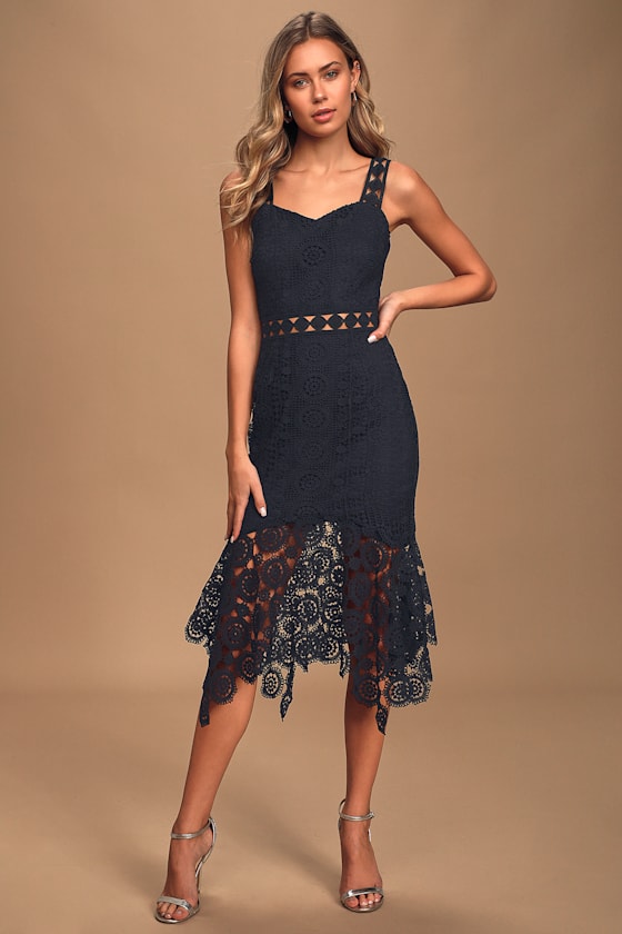 Chic Navy Blue Dress Crochet Lace Midi Dress Sleeveless Dress Lulus