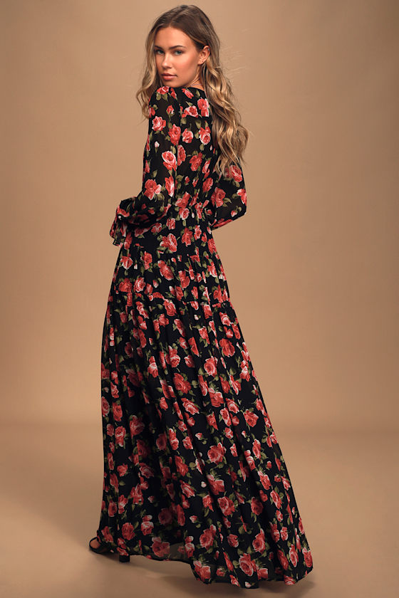Black Floral Dress - Long Sleeve Maxi Dress - Button-Up Dress - Lulus