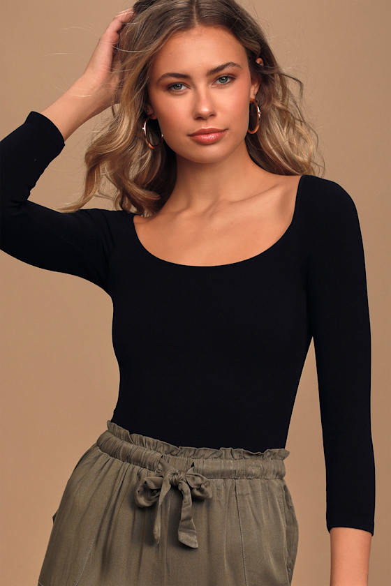 Free People Square Neck - Black Ribbed Top - Three-Quarter Sleeve - Lulus