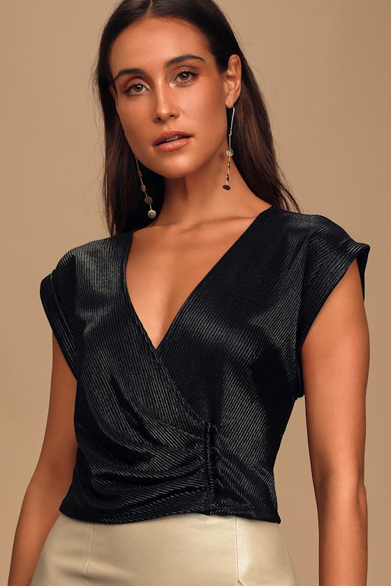 Chic Black Top - Surplice Top - Faux Wrap Top - Plisse Top - Lulus