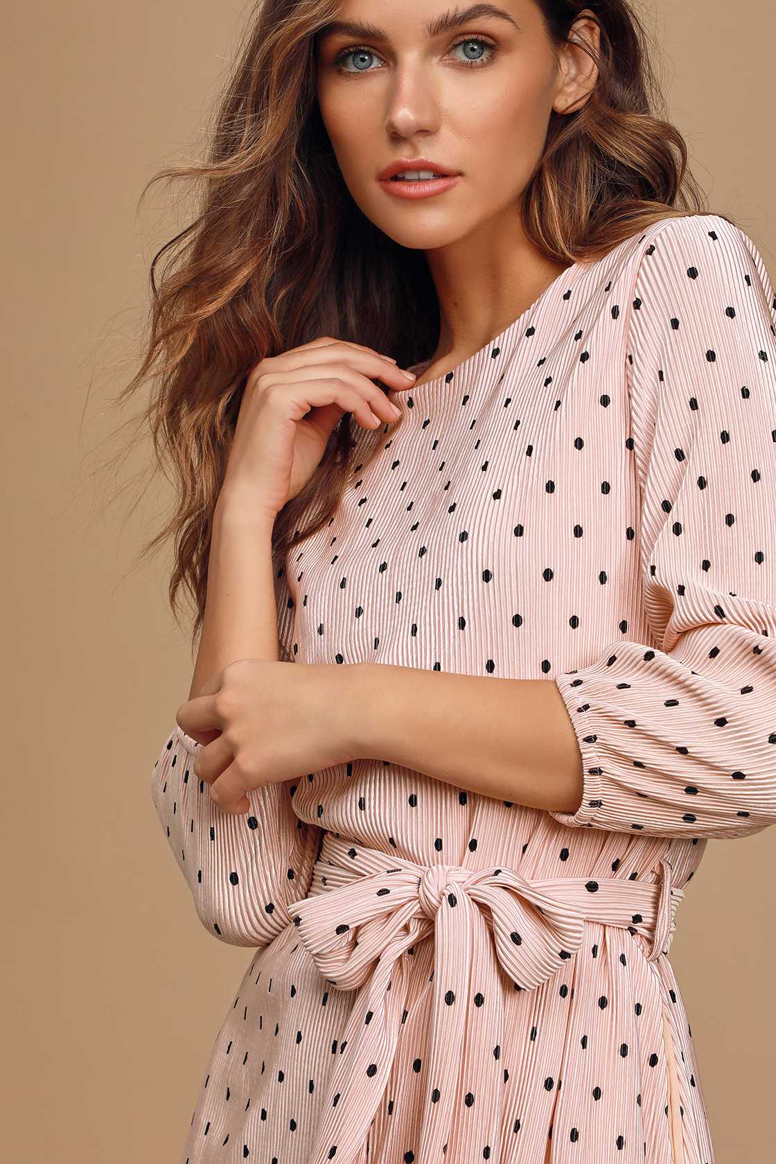 Blush Pink Mini Dress - Pleated Shift Dress - Polka Dot Dress - Lulus