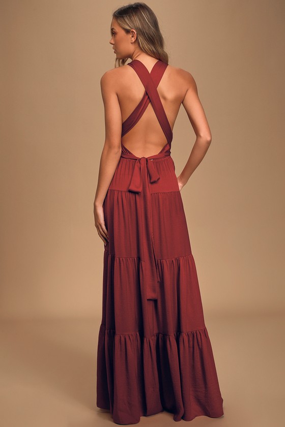 Cute Wine Red Dress Satin Maxi Dress Convertible Halter Dress Lulus