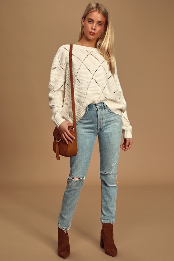 Cozy Ivory Sweater - Pierced Knit Sweater - Drop Shoulder - Lulus