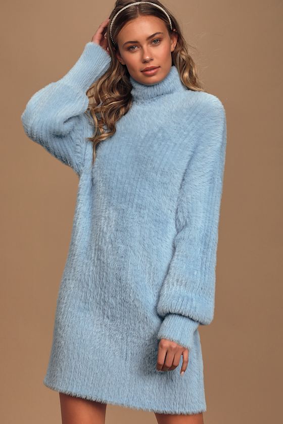 Cute Light Blue Sweater Dress - Eyelash Knit Dress - Turtleneck - Lulus