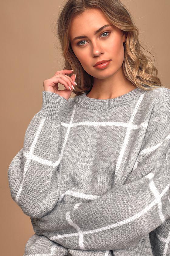 Grey and White Sweater - Grid Pattern Sweater - Oversized Sweater - Lulus