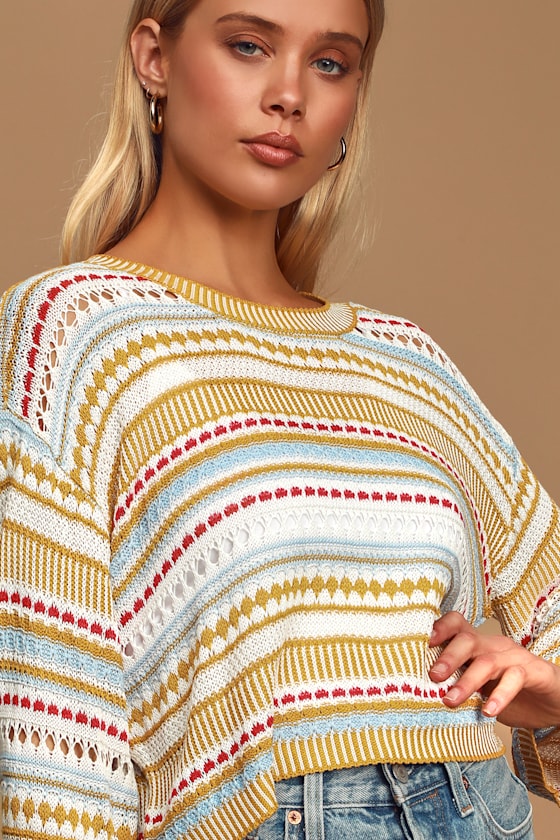 Yellow Print Sweater - Striped Sweater - Pointelle Knit Sweater - Lulus
