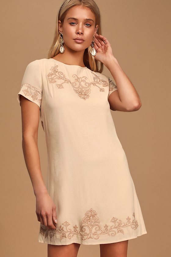 Cute Cream and Tan Dress - Embroidered Dress - Shift Dress - Lulus