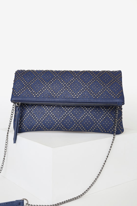 Chic Navy Blue Clutch - Studded Clutch - Vegan Leather Clutch - Lulus