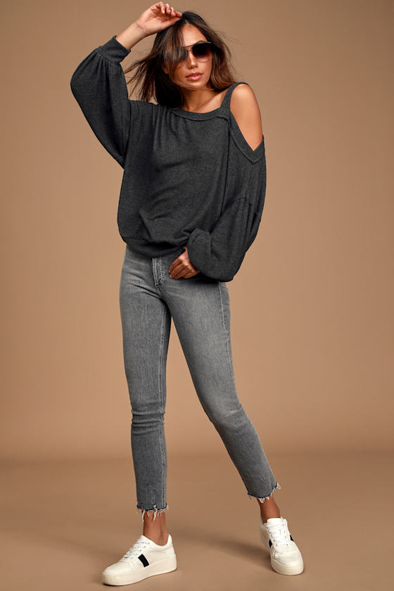 Cute Grey Top - Off-the-Shoulder Top - Long Sleeve Top - Lulus