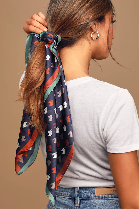 Chic Navy Blue Handerkerchief Scarf - Horse Print Scarf - Scarf - Lulus