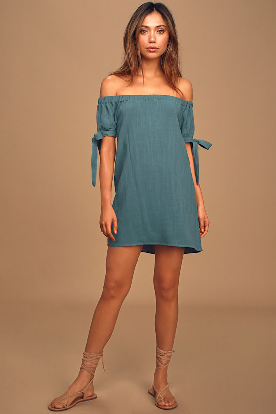 Slate Blue Dress - Off-the-Shoulder Dress - Shift Dress - Lulus