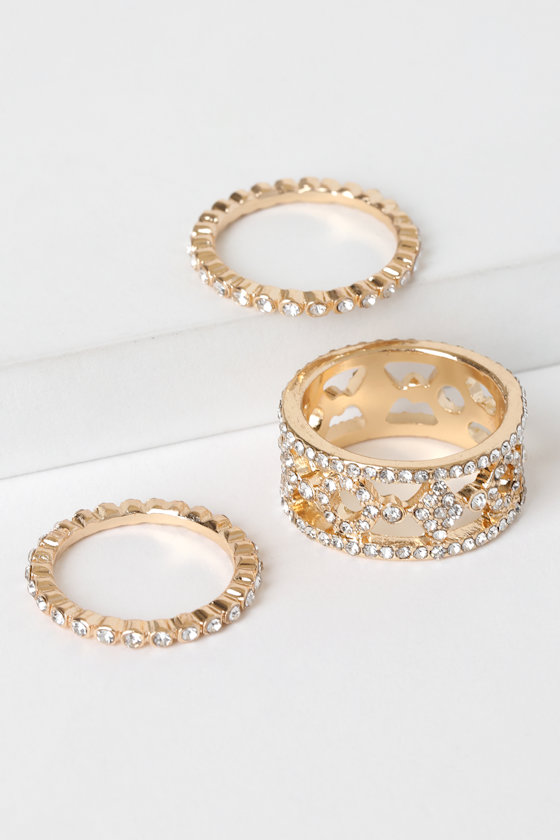 Gold Ring Set - Rhinestone-Encrusted Ring Set - Geometric Ring - Lulus
