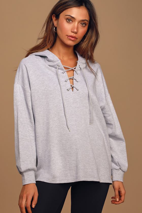 Heather Grey Hoodie - Lace-Up Hoodie - Basic Athletic Hoodie - Lulus