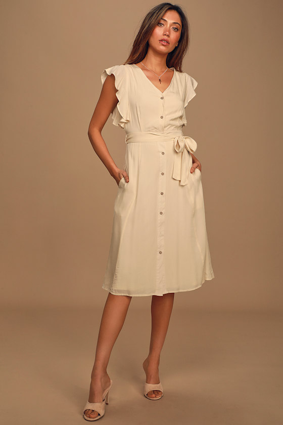Chic Cream Dress - Cream Midi Dress - Button-Front Midi Dress - Lulus