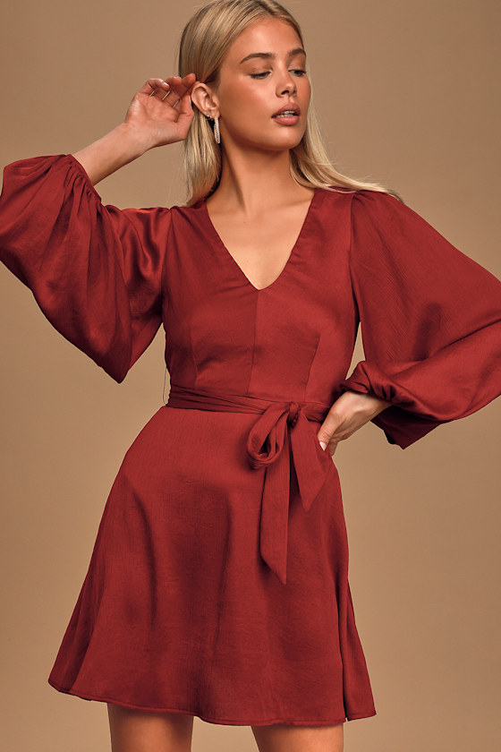 Cute Brick Red Dress - Balloon Sleeve Dress - V-Neck Mini Dress - Lulus
