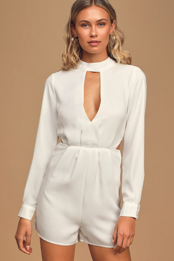 White Cutout Romper - Long Sleeve Romper - Pleated Romper - Lulus