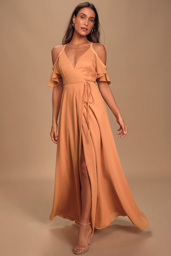 Sandstone OTS Dress - Maxi Wrap Dress - Cold-Shoulder Dress - Lulus