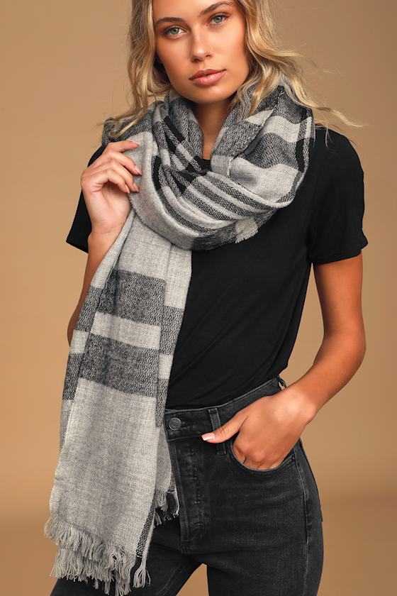 Grey Plaid Scarf - Oversized Scarf - Blanket Scarf - Fringe Scarf - Lulus