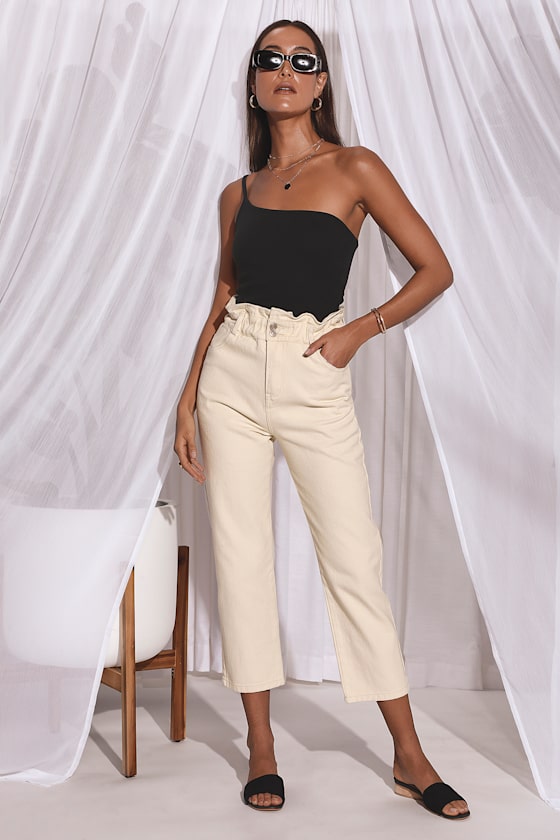 Cute Ivory Jeans - Paper Bag Waist Jeans - Straight Let Jeans - Lulus