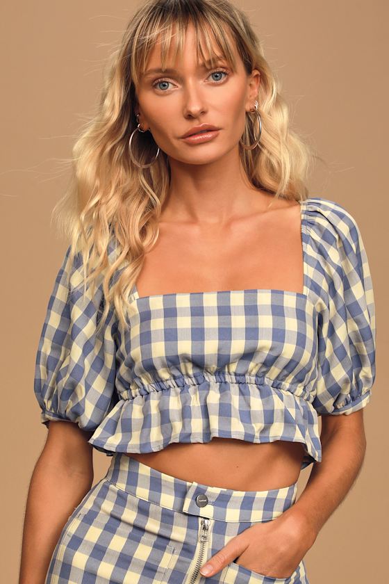 Capulet Paloma - Blue Gingham Top - Ruffled Puff Sleeve Crop Top - Lulus