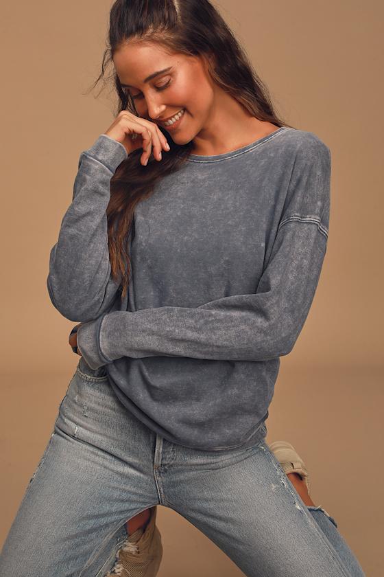Washed Navy Blue Sweatshirt - Pullover Sweatshirt - Sweatshirt - Lulus