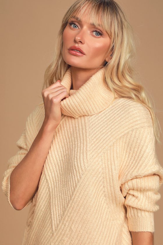 Cute Cream Sweater Dress - Ribbed Knit Dress - Turtleneck Sweater - Lulus