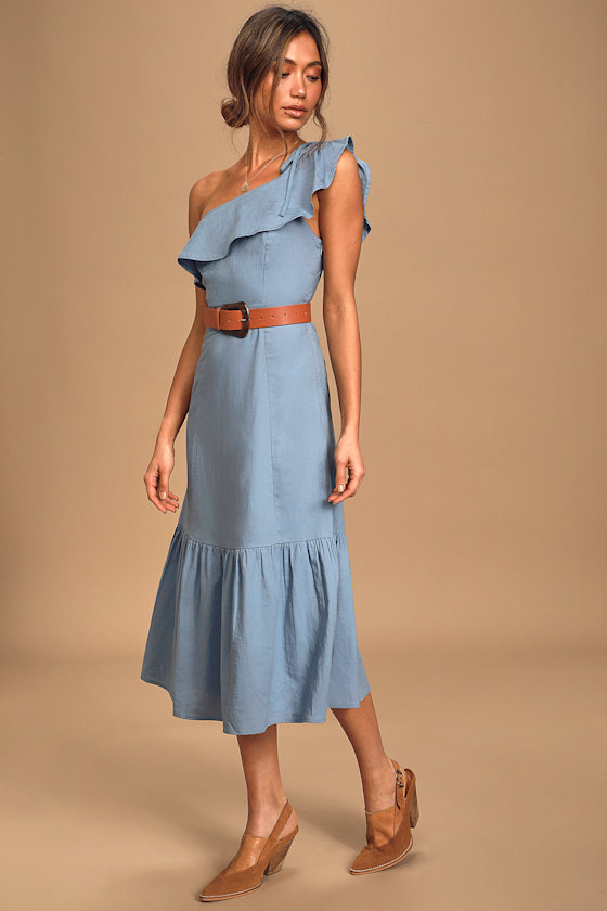 Slate Blue Midi Dress - One-Shoulder Dress - Ruffled Dress - Lulus