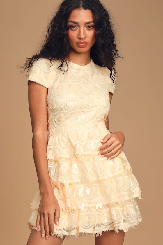 Cream Mini Dress - Sequin Dress - Ruffled Mini Dress - Lulus