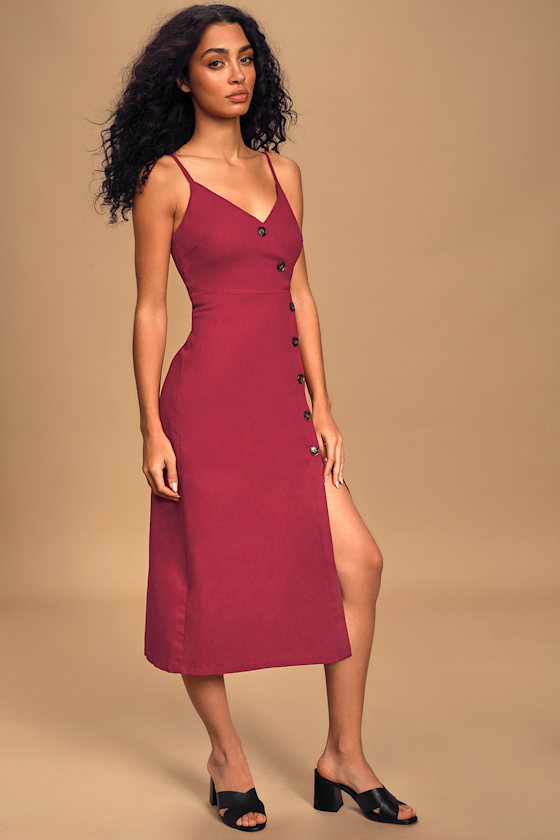 Chic Berry Red Dress - Red Button-Front Dress - Red Midi Dress - Lulus