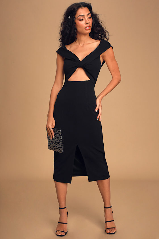 Chic Black Dress - Twist Front Midi Dress - Sexy Cutout Dress - Lulus