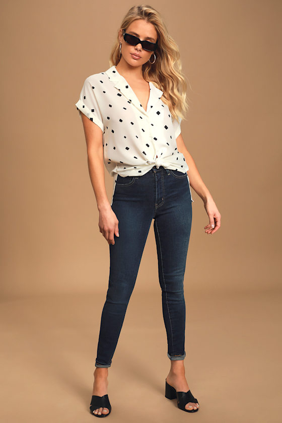 LUSH Ivory Print Top - Short Sleeve Top - Cute Button-Up Top - Lulus
