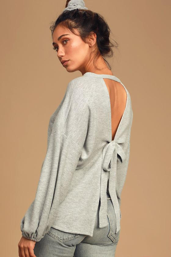Cute Grey Sweater - Tie-Back Sweater - Waffle Knit Sweater - Lulus