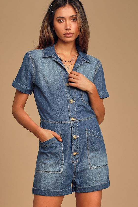 Cute Denim Romper - Button-Up Romper - Short Sleeve Romper - Lulus