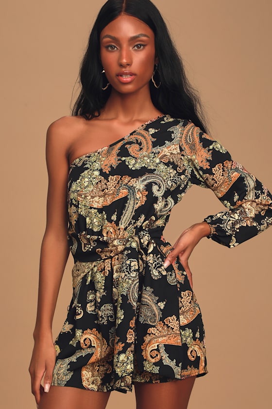 Black Romper - Paisley Print Romper - One-Shoulder Romper - Lulus