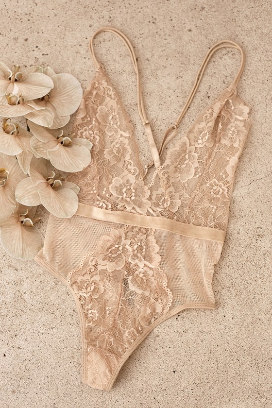 Sexy V Neck Bodysuit Sheer Lace Bodysuit Cream Bodysuit Lulus