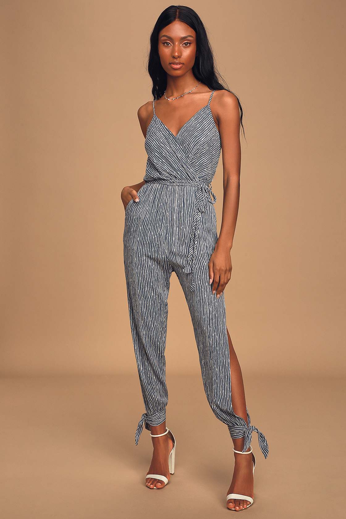 Cool Striped Jumpsuit - Slit Leg Jumpsuit - Slate Blue Jumpsuit - Lulus