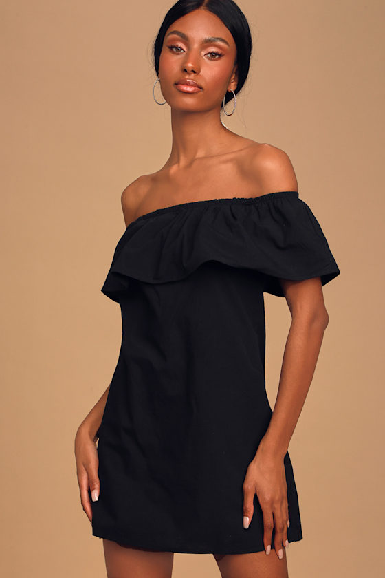 Cute Black Dress - Off-the-Shoulder Mini Dress - Shift Dress - Lulus