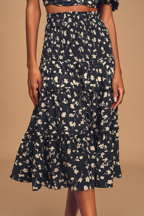 Cute Blue Floral Print Skirt Tiered Midi Skirt Smocked Skirt Lulus