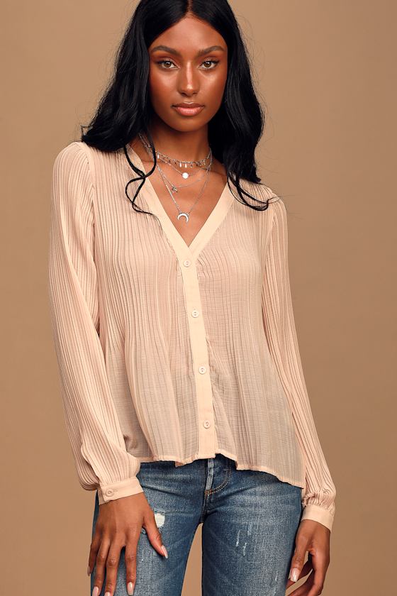 Cute Blush Pink Top Button Up Top Long Sleeve Top Blouse Lulus