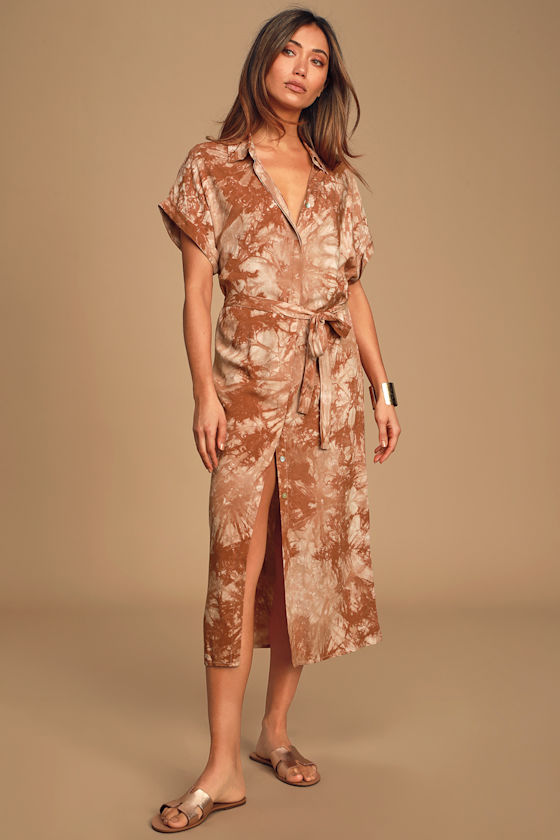Cute Rust Tie-Dye Dress - Midi Shirt Dress - Button-Up Dress - Lulus