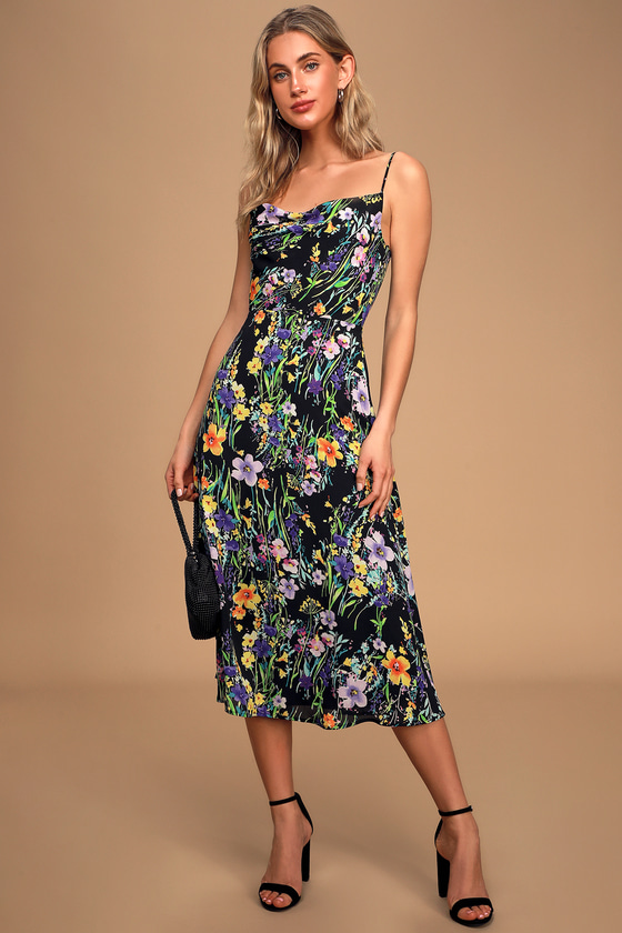 Black Floral Print Dress Cowl Neck Dress Trendy Midi Dress Lulus