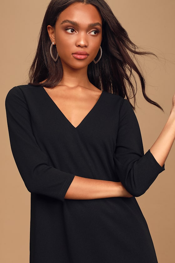 Cute Black Shift Dress - 3/4 Sleeve Shift Dress - Scalloped Hem - Lulus