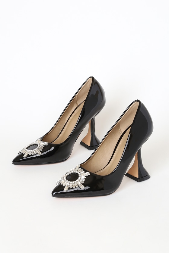 Trendy Black Patent Pumps Pointed Toe Pumps Rhinestone Heels Lulus
