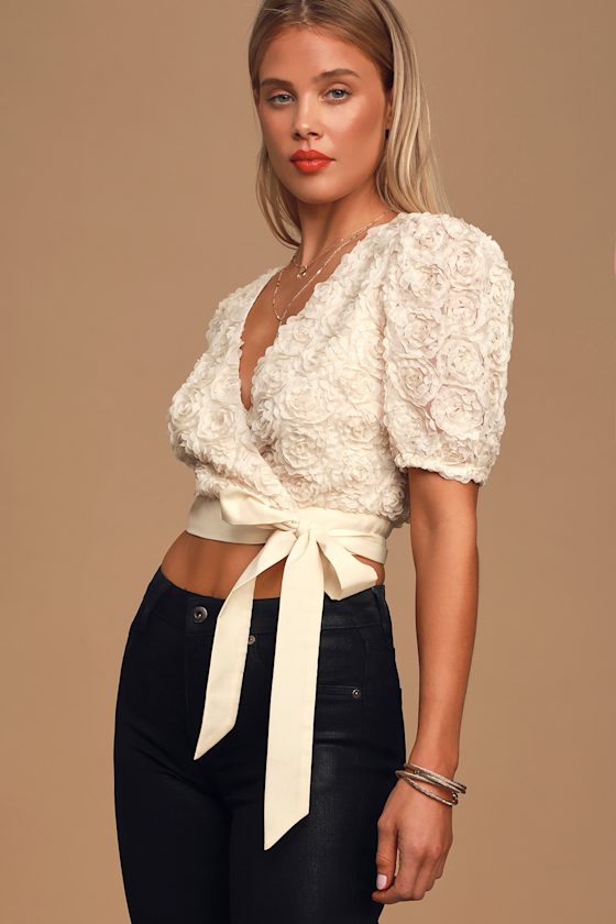 Cute Beige Top - Crop Top - Wrap Top - Rosette Mesh Top - Lulus