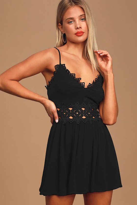 Cute Black Mini Dress Crochet Lace Mini Dress Skater Dress Lulus
